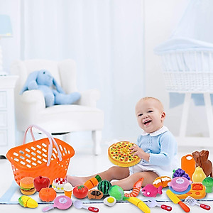 DigHeath Pretend Play Food Set,Kitchen Cutting Toys,BPA Free Plastic Fruits & Vegetables for Kids with Realistic Basket,Knife and Chopping Board,Best Children Educational Play Set