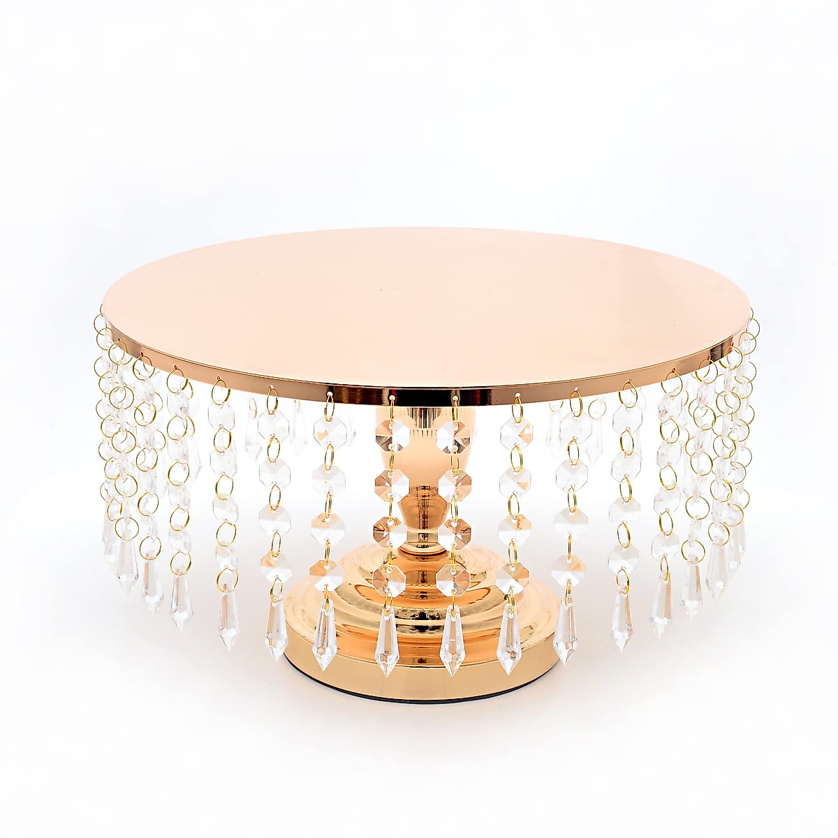 12" Gold Round Metal Pedestal Cake Serving Stand with Crystal Pendants, Dessert Cupcake Pastry Candy Display Plate with Hanging Acrylic Crystals for Wedding Event, Birthday Party(Gold, 12 Inch)