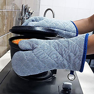1 Pair Yarn Dyed Oven Mitts 100% Cotton Heat Resistant 470 Degree Gloves Men Women Cooking Baking Barbecue BBQ Microwave Crafting Machine Washable Pot Holders Mittens (blue2)