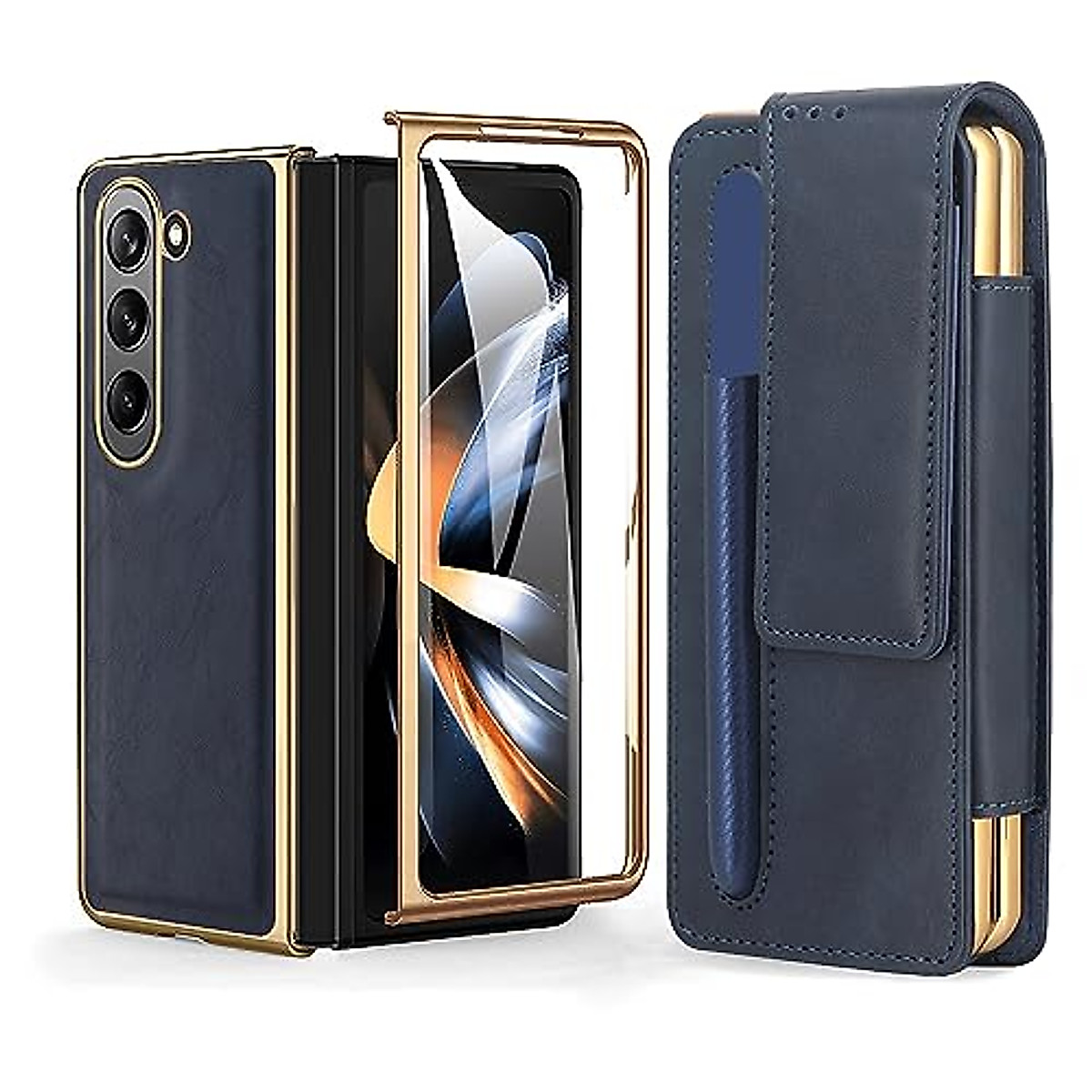 HAZARA Leather Case for Samsung Galaxy Z Fold 5, Tempered Screen Film Cover Folio Shockproof Hanging Phone Case,Blue