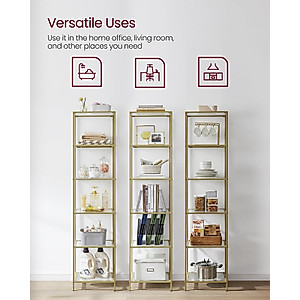 VASAGLE Bookcase, 6-Tier Bookshelf, Slim Shelving Unit for Bedroom, Bathroom, Home Office, Tempered Glass, Steel Frame, Gold Color ULGT500A01