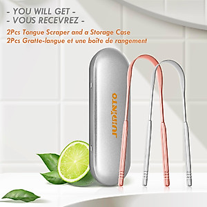 JUIDINTO Tongue Scraper 2 Pack, 100% Stainless Steel Tongue Scraper for Adults, Easy to Use Tongue Scraper with Case, Cleaning Tongue and Reducing Bad Breath for Oral Care