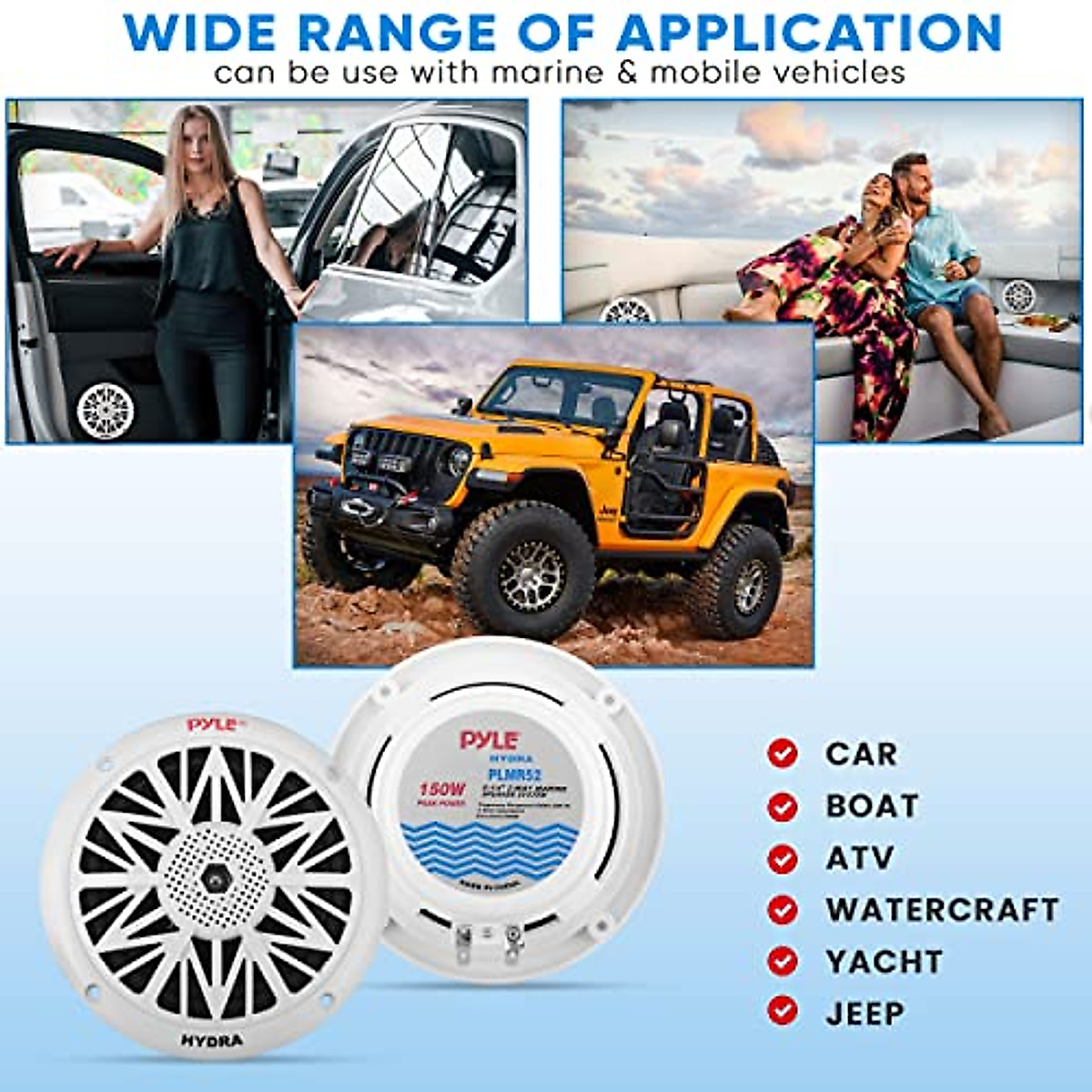 Pyle 5.25 Inch Dual Marine Speakers - 2 Way Waterproof and Weather Resistant Outdoor Audio Stereo Sound System with 150 Watt Power, Poly Carbon Cone, Cloth Surround and Low Profile Design - 1 Pair