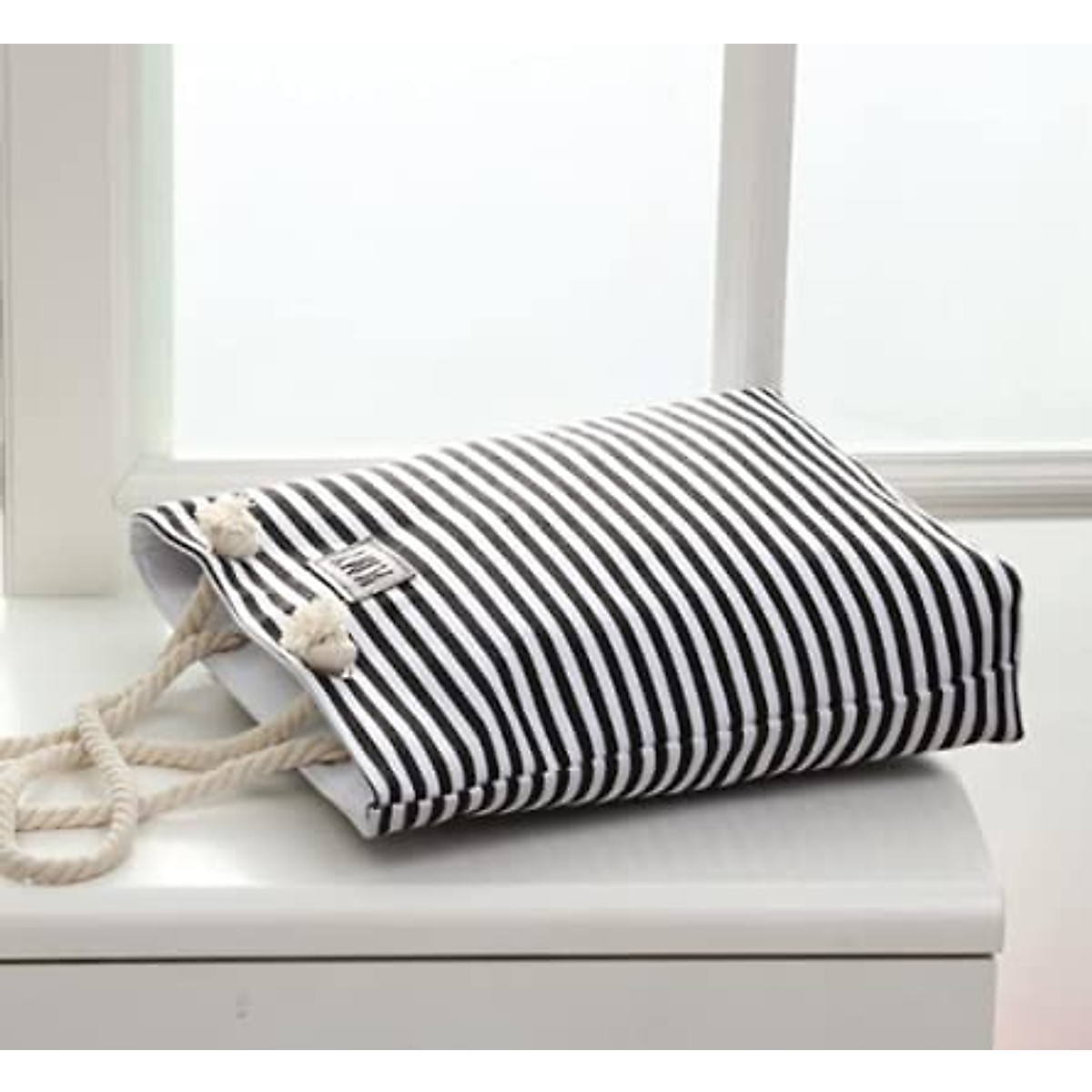 Canvas Tote Bag | Canvas Striped Hemp Rope Handle Shoulder Tote Bag | Black Stripe Tote Bag | Tote bag For Multipurpose Used., Large