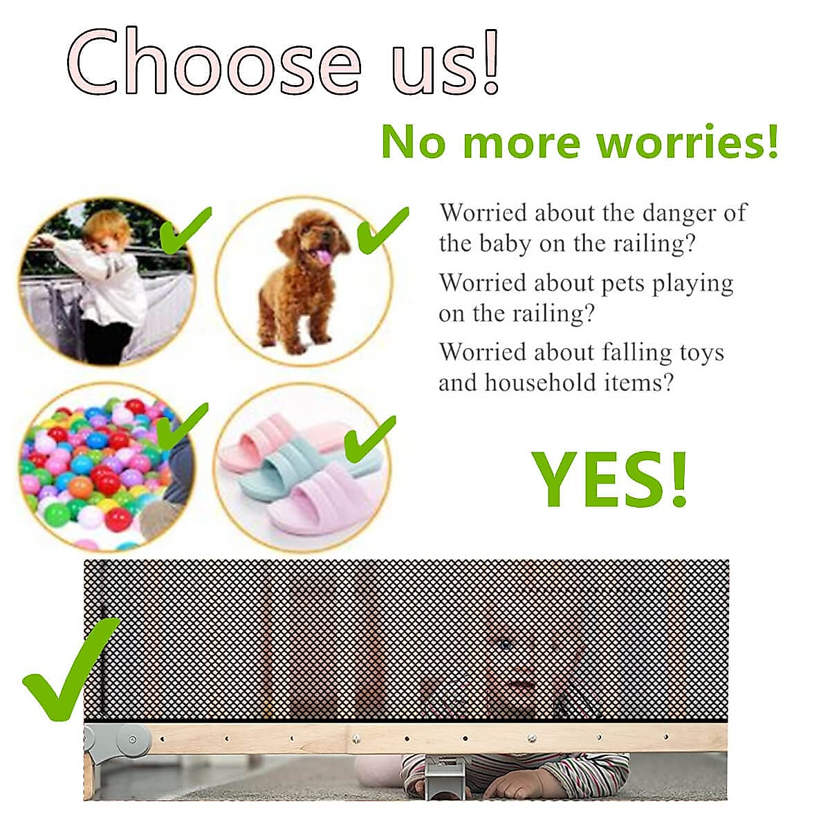 Banister Guard for Baby - 10ft L x 2.5ft H, Child Safety Net, Stair Railing Banister Proofing Mesh Net Balcony Netting for Pets & Kids