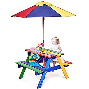Costzon Kids Picnic Table, Wooden Table & Bench Set with Removable & Foldable Umbrella, Toddler Patio Set for Backyard, Garden, Children Girls & Boys Gift, Kids Table and Chair Set for Outdoors