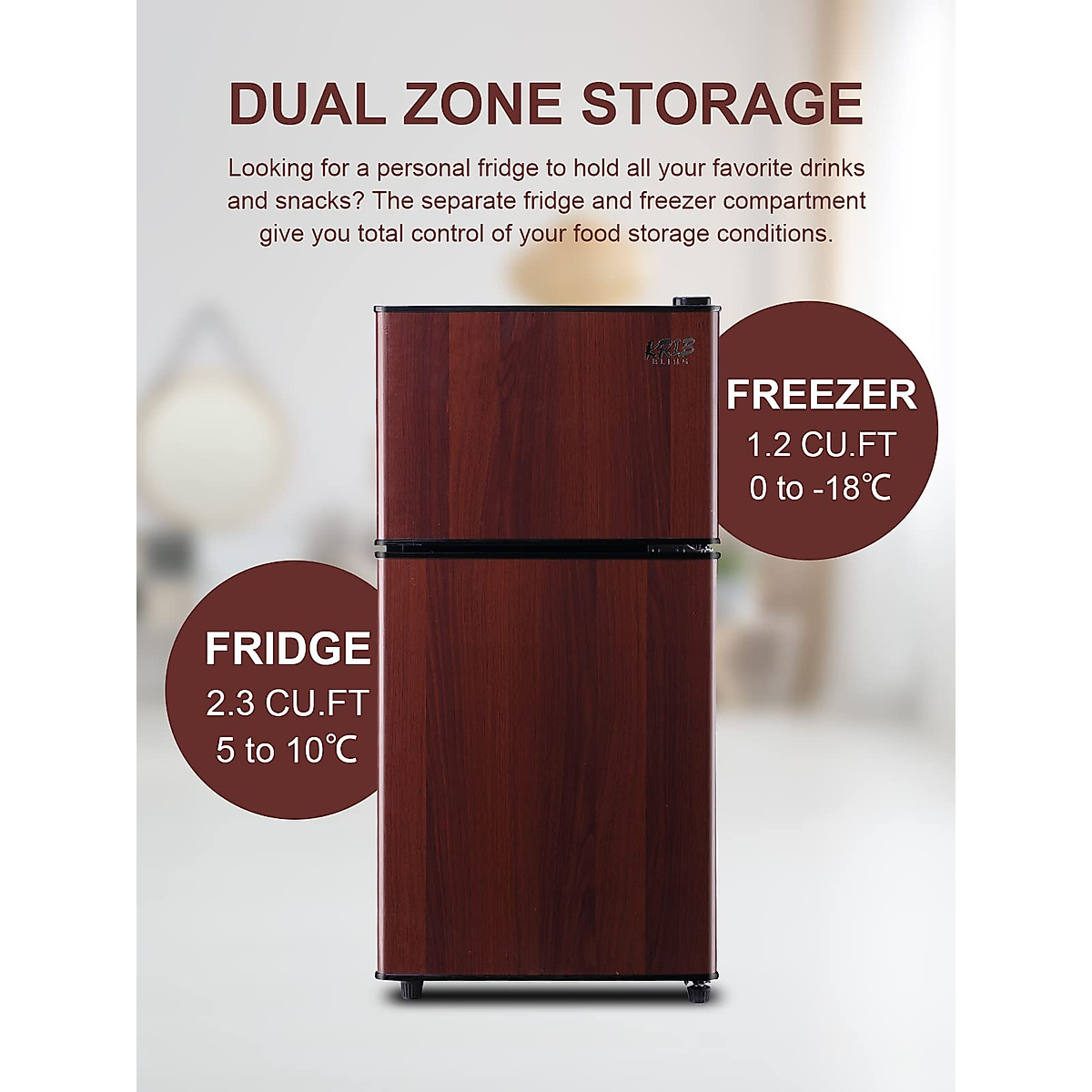 KRIB BLING Refrigerator with Freezer 3.5 Cu.Ft with 7 Level Adjustable Thermostat Control 2 Door Energy Saving Top-Freezer Compact Refrigerator Wood