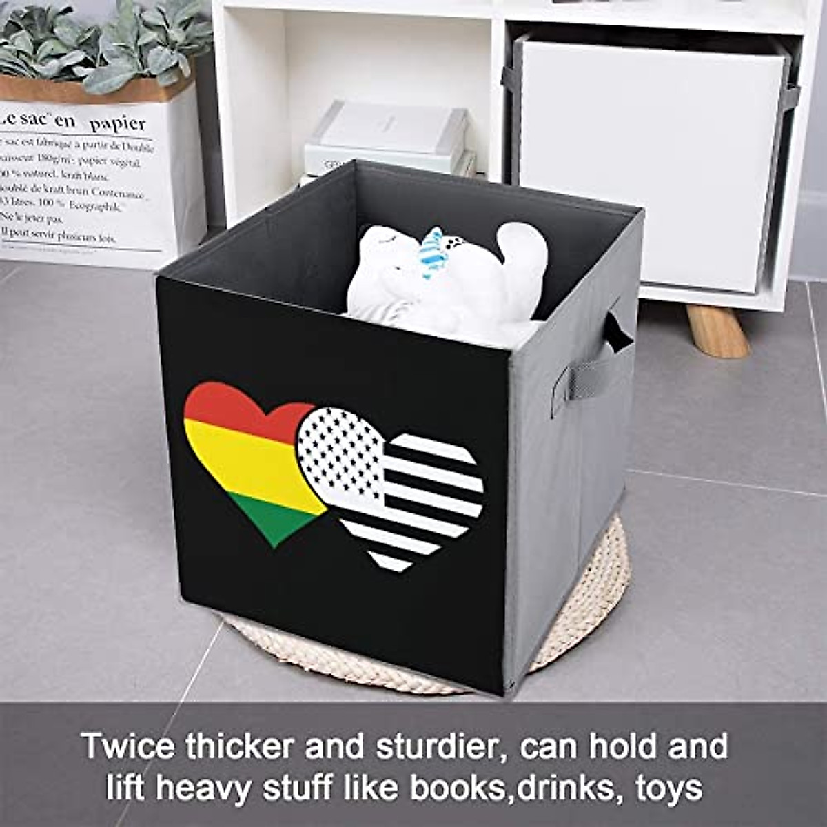 Bolivia and Black American Flag Canvas Collapsible Storage Bins Cube Organizer Baskets with Handles for Home Office Car