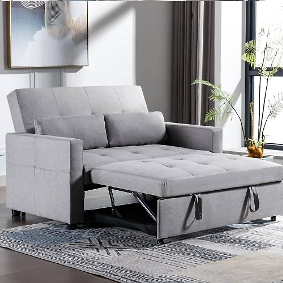 Haplized Loveseat Sleeper Sofa Bed, Light Grey Linen Fabric Convertible Sleeper Sofa with Pull-Out Couch Bed & Adjustable Cushions Backrest, Reclining Loveseat with Side Pocket for Living Room