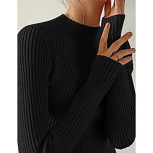 ZESICA Women's 2023 Fall Long Sleeve Turtleneck T Shirts Ribbed Knit Sweater Slim Fit Basic Casual Tee Tops,Black,Large