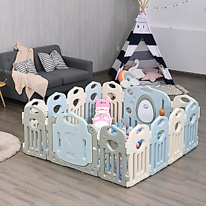 CHEFJOY Baby Playpen Kids 14 Panel, Safety Yard Activity Center, Door with Safety Lock & Lovely Toys, Portable HDPE Indoor Outdoor Play Fence with Non-Slip Rubber Suction Cup