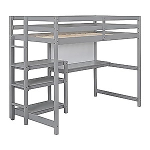 Epinki Twin Size Wooden Loft Bed with Shelves, Desk and Writing Board - Gray, Kids Bed, No Box Spring Needed, Easy Assembly