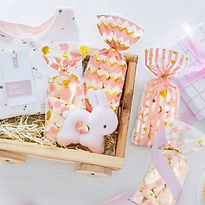 Whaline 120 Pack Valentine's Day Cellophane Bags with Twist Ties Wedding Cello Bags Pink Gold Goodie Treat Bags Dots Stripes Stars Hearts Candy Bags for Baby Shower Birthday Valentines Party Supplies