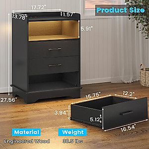 Hasuit Nightstand Set of 2 with Charging Station, LED Lights, 3 Drawers, and Open Storage - Modern Black Bedside Tables