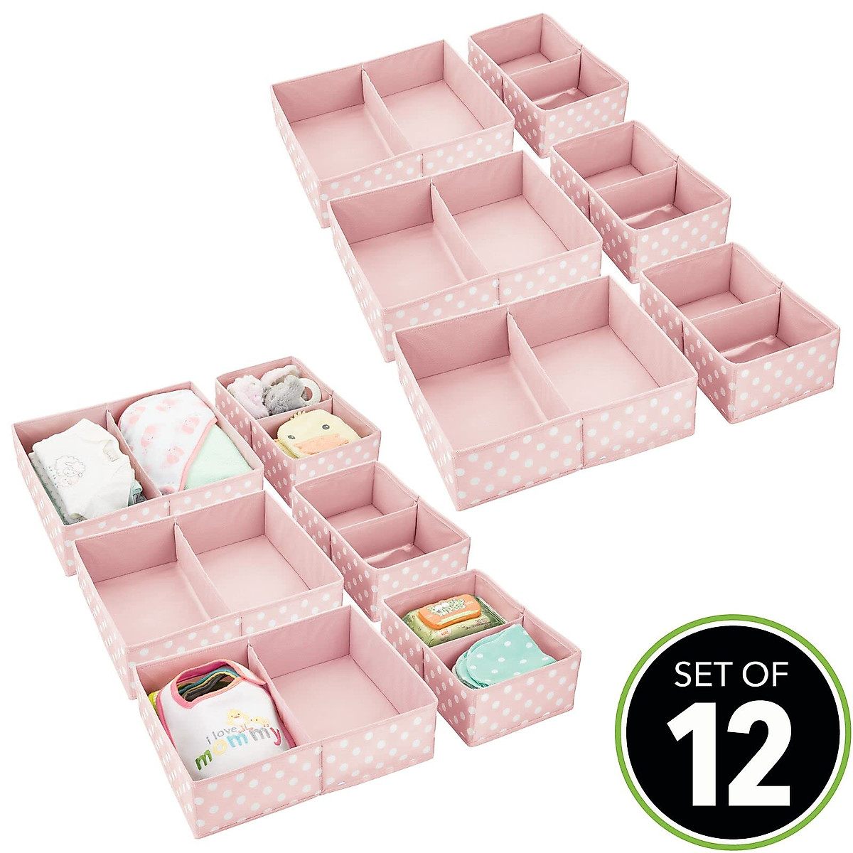 mDesign Fabric Drawer Organizer Bins, Kids/Baby Nursery Dresser, Closet, Shelf, Playroom Organization, Hold Clothes, Toys, Diapers, Bibs, Blankets, Set of 2, 6 Pack, Pink/White Polka Dot