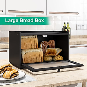 kiplant Large Bread Box for Kitchen Counter, Black Bamboo Bread Storage Container with Wavy Arcylic Transparent Door, Bamboo Wooden Farmhouse Bread Box for Your House