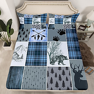 Rustic Farmhouse Sheet Set Twin, Retro Cabin Lodge Fitted Sheet Country Bear Deer Bed Sheets For Kids Teens Adult Men, Hunting Wild Animal Plaid Checkered Flat Sheet 3Pcs With 1 Pillow Case,Blue