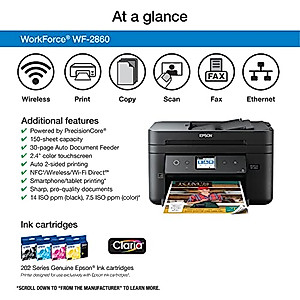 Epson Workforce WF-2860 All-in-One Wireless Color Inkjet Printer - Print Scan Copy Fax - Ethernet, NFC, 2.4" Touchscreen, 14 ppm, 4800 x 1200 dpi, Auto 2-Sided Printing, 30-Sheet ADF, Voice Activated