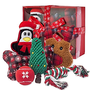 IPRAVOCI Christmas Dog Toys - Dog Squeaky Toys & Dog Rope Chew Toys & Red Dog Tennis Ball - 6 Pack Interactive Christmas Pet Toys for Small Medium Large Dogs
