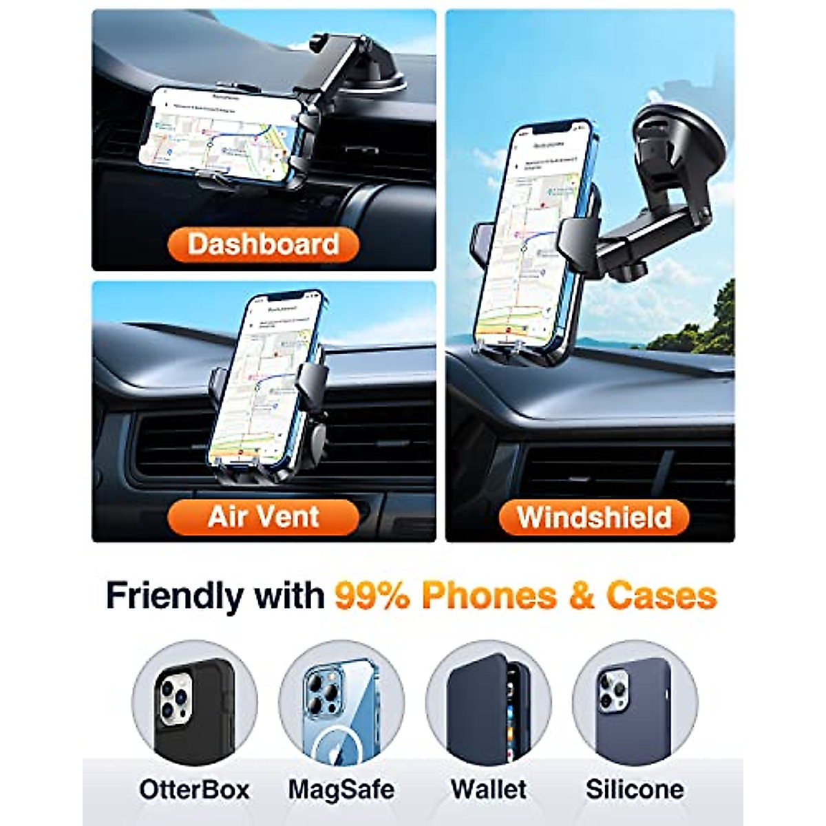 VANMASS [Upgraded] Cell Phone Holder Car [Anti-Slip Soft Silicone & Powerful Suction] Dashboard Windshield Universal Phone Car Mount, Compatible with iPhone 14 13 12 11 Pro Max &Truck/SUV/Jeep (Gray)