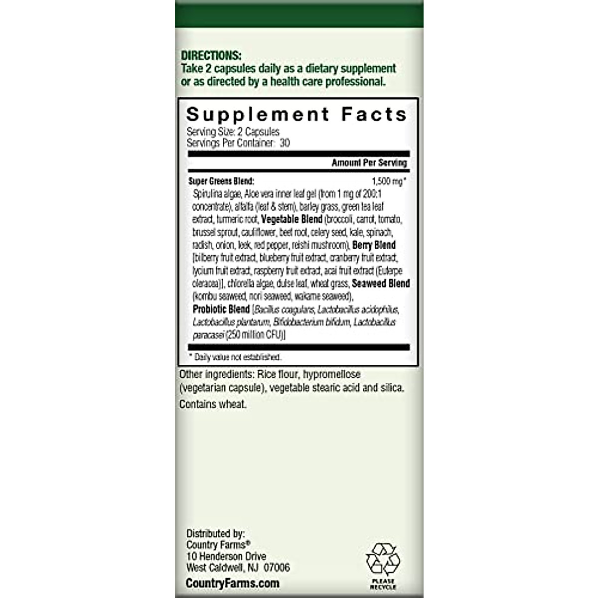 Country Farms Super Greens Capsules, Whole Food Dietary Supplement, 32 Super Foods, 30 servings.