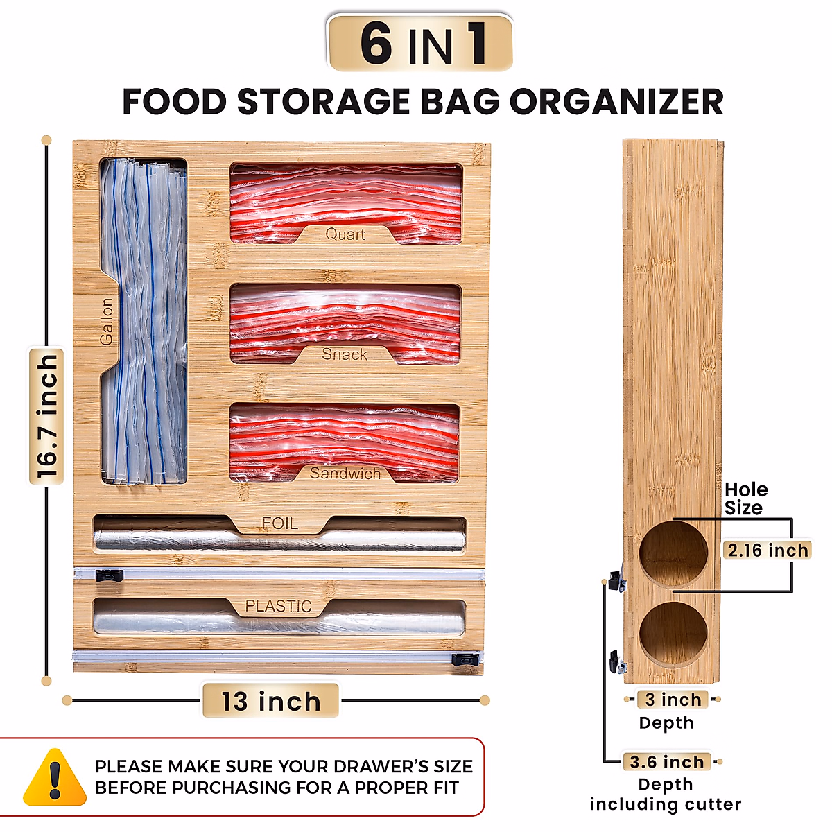 Silk N Sage Bamboo Storage Bag Organizer - 6 in 1 Foil and Plastic Wrap Organizer with Cutter suitable for Gallon, Quart, Sandwich Bag and Wrapping Papers.