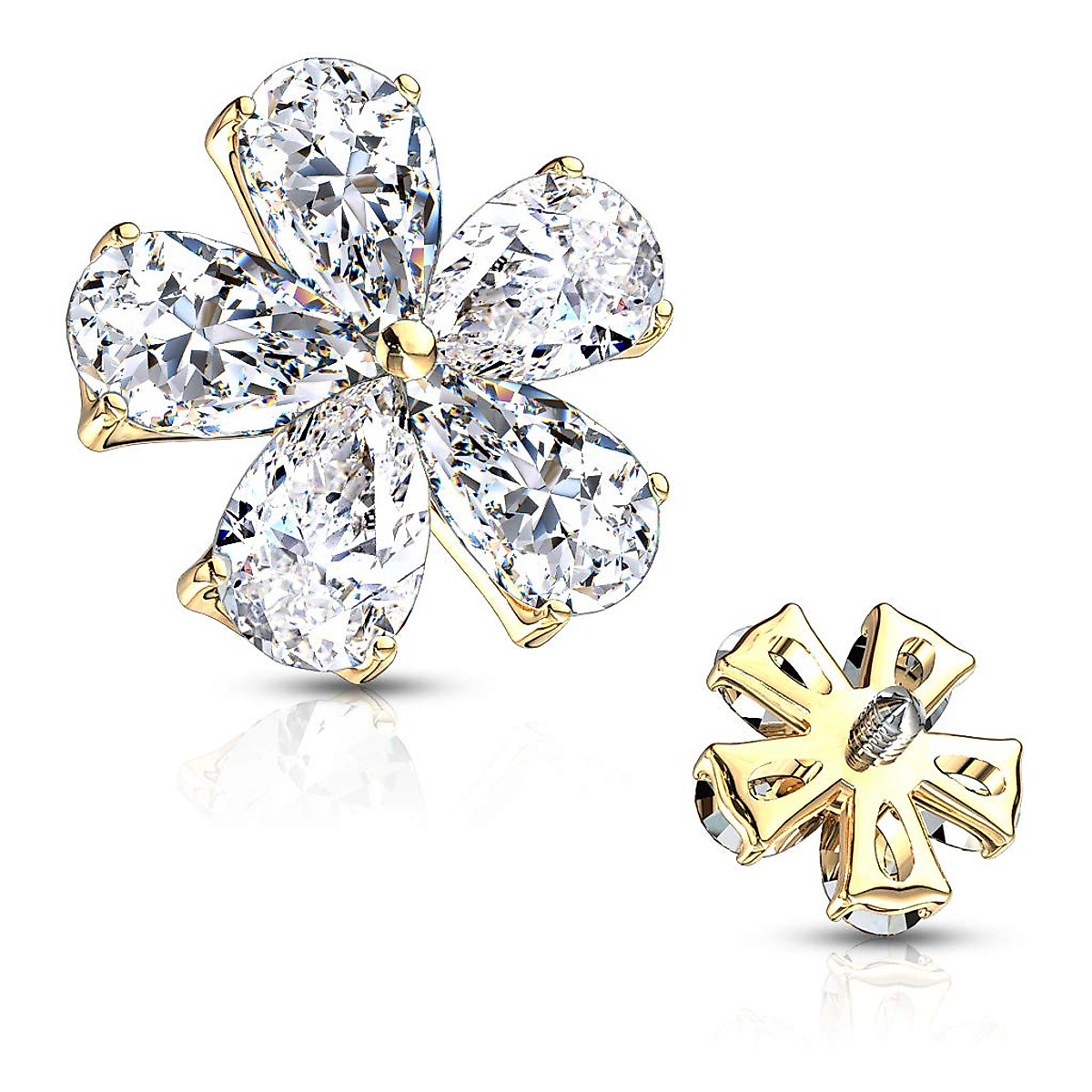 FIFTH CUE 14G Five Pear CZ Flower 316L Surgical Steel Internally Threaded Dermal Anchor Top (Gold/Clear)