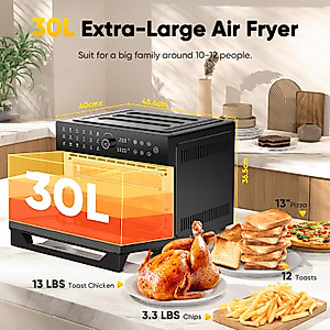 32QT Extra Large Air Fryer, Toaster Oven Air Fryer Combo, 360°Hot Air Circulation for Healthier Food, 1800W Preset Dual Cook, 13"Pizza Cooking, 20-in-1 Double-Rack Oven, 7-Accessory, Transparent Door