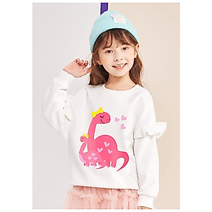 Little Hand Toddler Girls Shirts Dinosaur Heart Shirts Long Sleeve Ruffle Toddler Pullover White Sweatshirt 5t