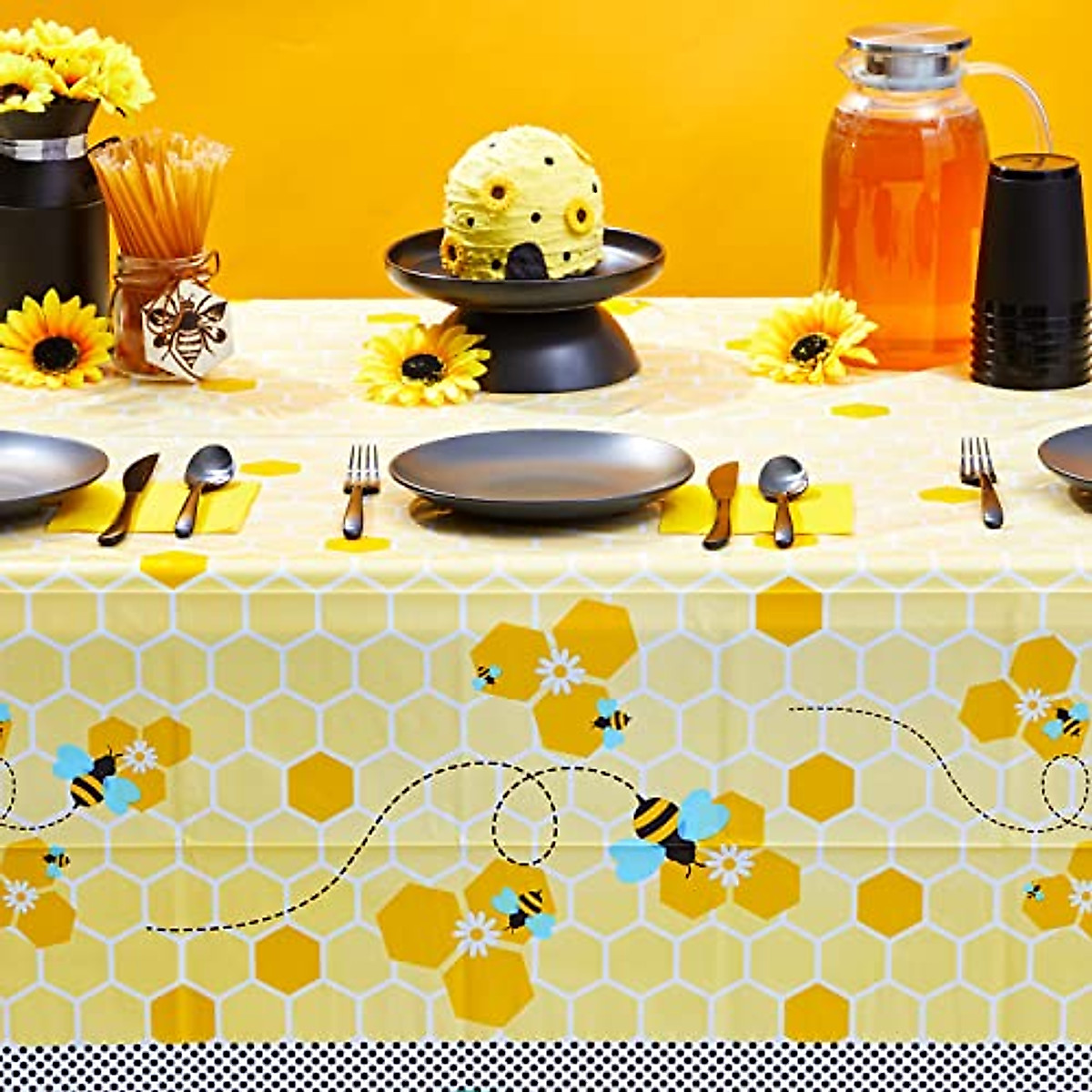 BLUE PANDA 3 Pack Bee Tablecloth, for Kids Birthday Party, Baby Shower, Bumble Bee Gender Reveal Decorations, (54 x 108 in)