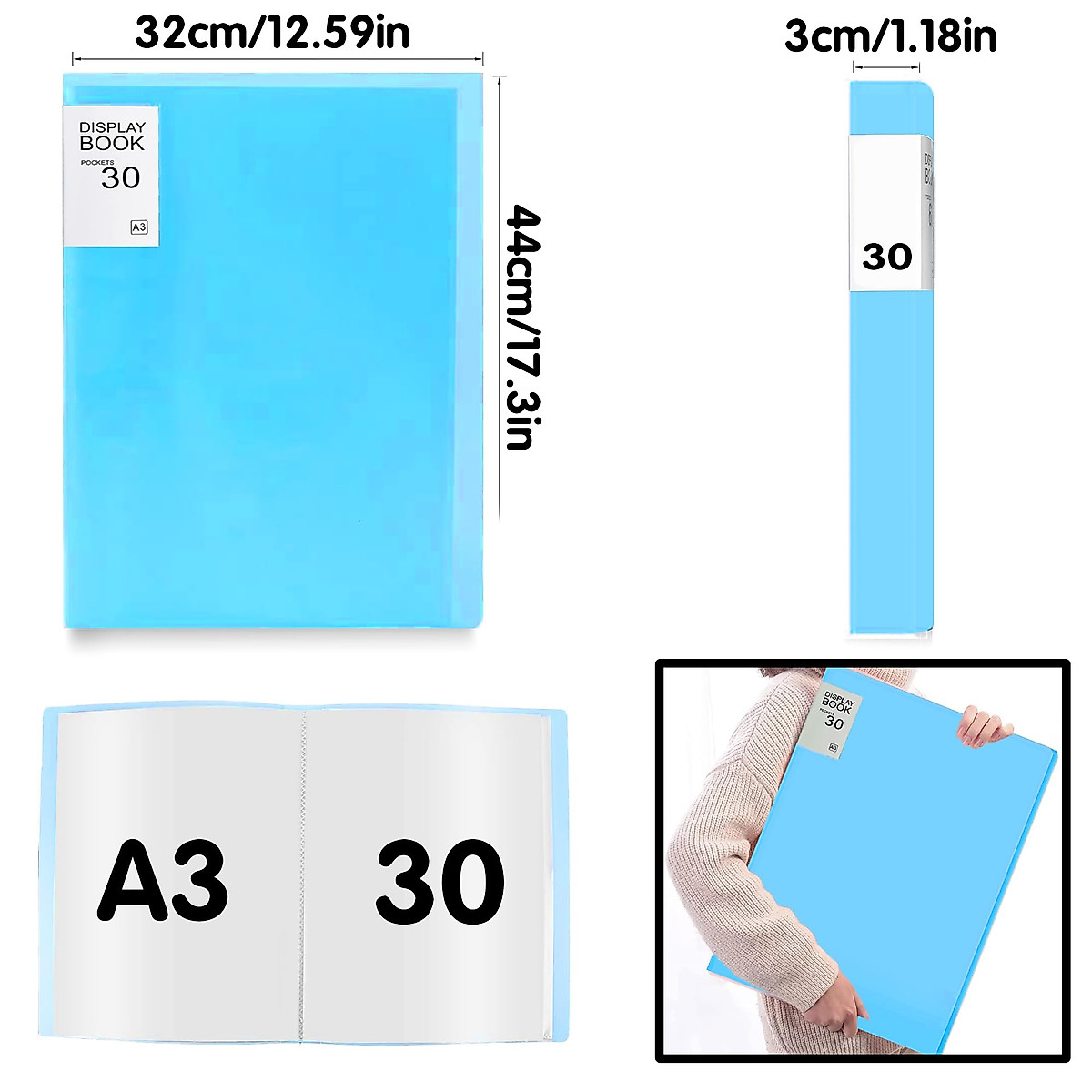 SKRYUIE A3 Diamond Painting Storage Book - 60 Diamond Painting Capacity, 30 Pages Protectors, 17.2x12.8 inches, Portfolio Folder for Diamond Painting Presentation and Organization - Blue