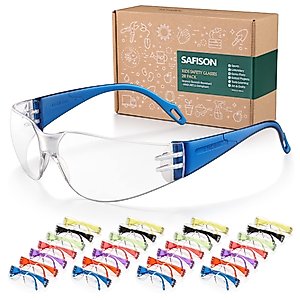 SAFISON 28 Pack Kids Safety Glasses, ANSI Z87.1 Child Size Protective Goggles in 7 Colors, Scratch and Impact Resistant Clear Lens Eyewear with Color Frame for Nerf Party/Science/School Projects