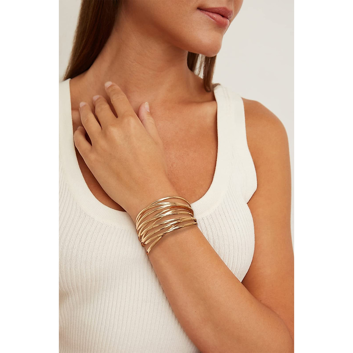 WOWORAMA Gold Cuff Bracelet for Women Multi-layer Cross Wire Bangle Bracelet Adjustable Chunky Wide Open Cuff Bracelet Simple Wrist Cuffs Wrap Bracelets Jewelry