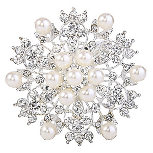 EVER FAITH Austrian Crystal Cream Simulated Pearl Elegant Flower Corsage Brooch Clear Silver-Tone