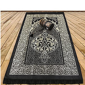 Kapobia Muslim Prayer Rug Islam and Beads, Kaabe Design Box Eid Ramadan Gifts Islamic Set Carnal Salah Mat Taffeta Fabric Black Soft Prayer Mats Men and Women