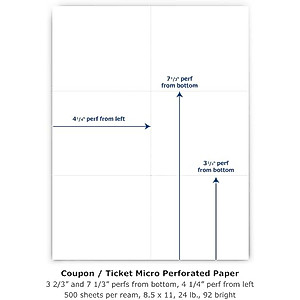 PrintWorks Professional Perforated Paper for Tickets, Coupons, Certificates and More, 8.5 x 11, 24 lb, 3 Perfs - 3 2/3" and 7 1/3" From Bottom & 4 1/4" From Left, 500 Sheets, White (04334)