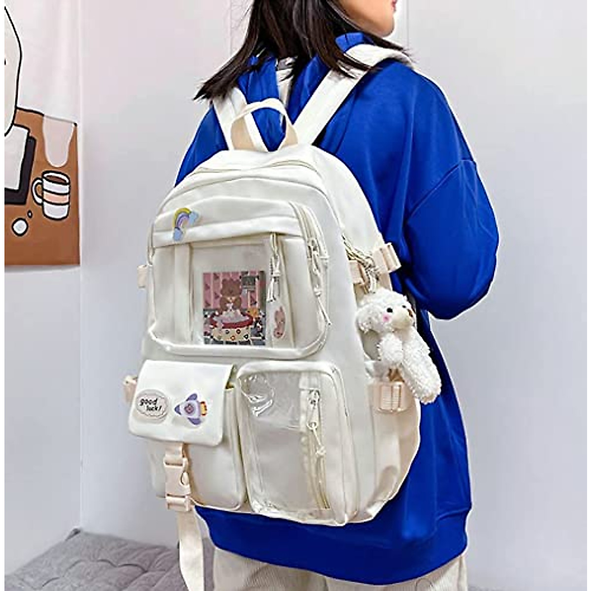 FETNHU Preppy Backpack, Kawaii Backpack with Kawaii Pin And Accessories for Girls School Cute Aesthetic Backpack (White)