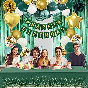 Green Birthday Decorations, Emerald Green and Gold Balloons Party Decorations Happy Birthday Banner Emerald Green Fringe Curtain Birthday Tablecloth Paper Pom Poms for Women Men Birthday Decor