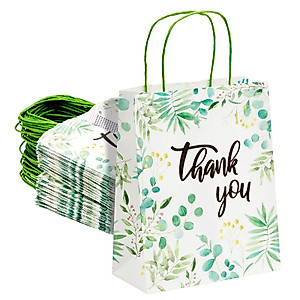 Sparkle and Bash Thank You Gift Bags with Handles for Small Business, Boutique, Party Favors (White, Green, 10 x 8 x 4 In, 50 Pack)
