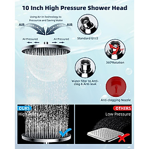Hibbent Self-cleaning Shower Head, 10'' High Pressure Rainfall Shower Head, Showerhead Combo/Handheld Shower Head, 12'' Adjustable Curved Shower Extension Arm, 71'' Hose, 2 Shower Head Holders, Chrome