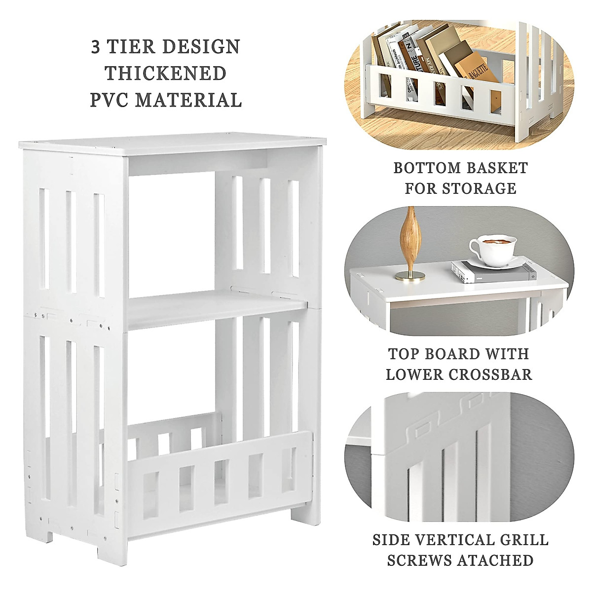 HAYOFAMY Side Table Night Stand Set of 2, 3 Tier Narrow End Table with Display Shelf, Small Bookcase Bookshelf, Simple Bedside Table Storage Rack for Bedroom, Living Room, Office, Bathroom, White