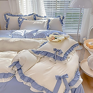 Generic Princess Lace Ruffles 4-Piece, Bow Bedding Set, Chic Ruffled Duvet Cover with Lovely Bow, Princess Style 1 Duvet Cover with 2 Pillowcases, 1 Bed Sheet, with Zipper Closure,Blue,Full