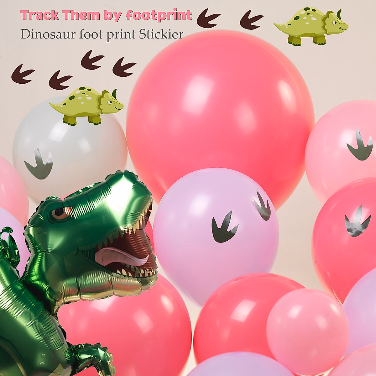 Pink Dinosaur balloon garland kit 150pcs Pastel Pink green Purple balloon and Foil Dinosaur balloon & footprint sticker for Girl Dino theme birthday Baby Shower decorations
