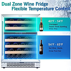 Yeego Wine Cooler, 24" Dual Zone Wine Fridge, 46 Bottle,with Upgraded Compressor and Tempered Glass Door, 40℉-65℉ Temperature Control, Low Noise, Glass Door, Safety Lock