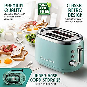 Mueller Retro Toaster 2 Slice with 7 Browning Levels and 3 Functions: Reheat, Defrost & Cancel, Stainless Steel Features, Removable Crumb Tray, Under Base Cord Storage, Turquoise