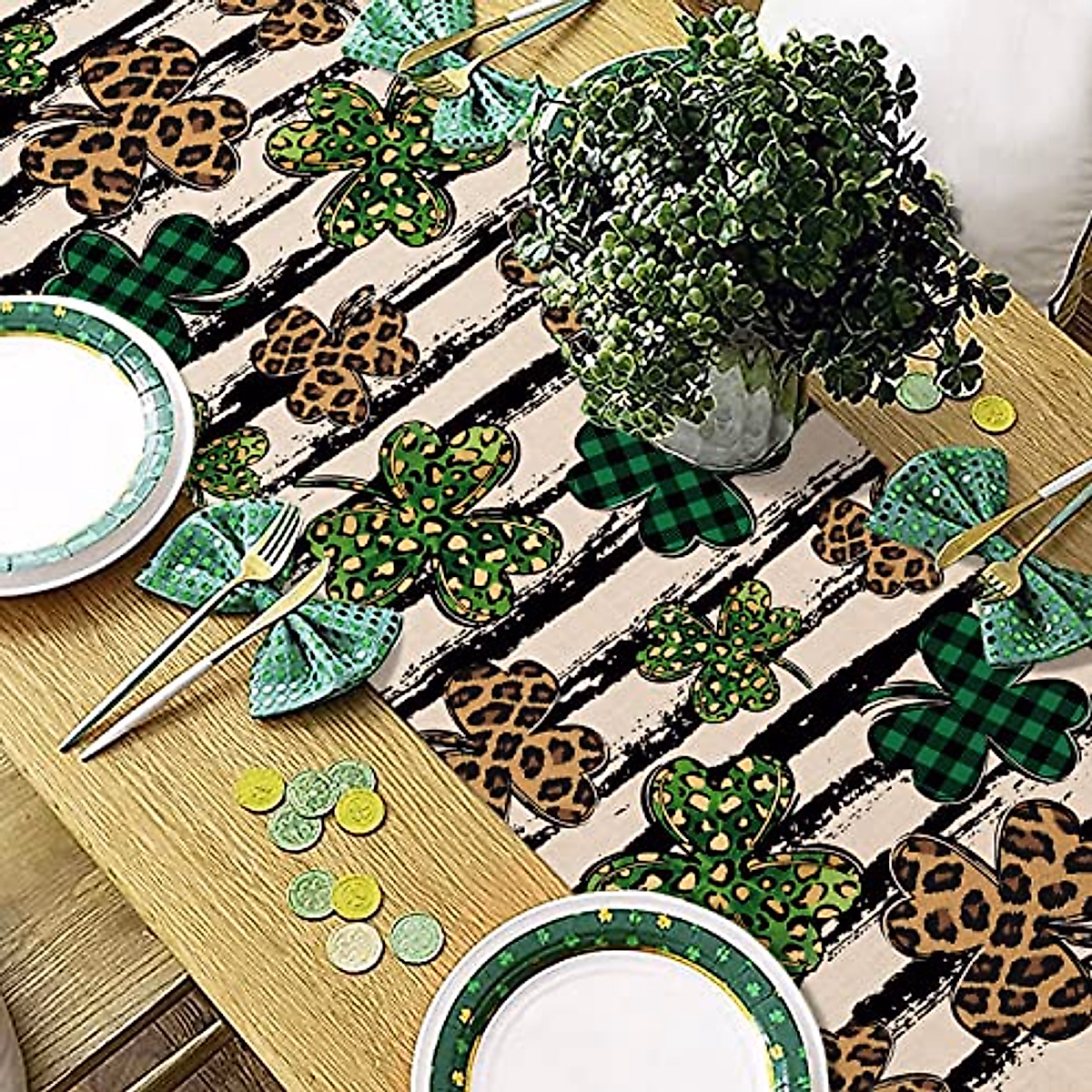 Seliem St. Patrick's Day Shamrock Clover Table Runner, Black Stripe Buffalo Polka Dot Leopard Kitchen Dining Table Decor Irish Burlap Home Decoration Indoor Outdoor Holiday Party Supply 13 x 72 Inches