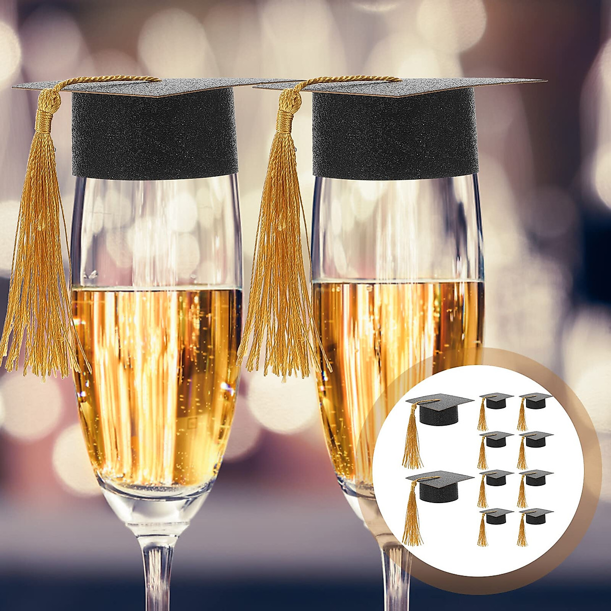 DOITOOL 10PCS Mini Graduation Caps with Tassels - 2024 Mini Grad Hat Graduation Wine Bottle Toppers for Home Graduation Party Table Decoration (Black)