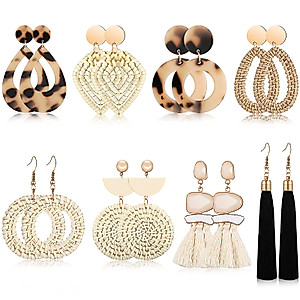 Hicarer 8 Pairs Handmade Rattan Drop Dangle Earrings Statement Acrylic Earrings Geometric Woven Wicker Earring Boho Straw Earrings Tassel Hook Earrings for Women(Simple Style)
