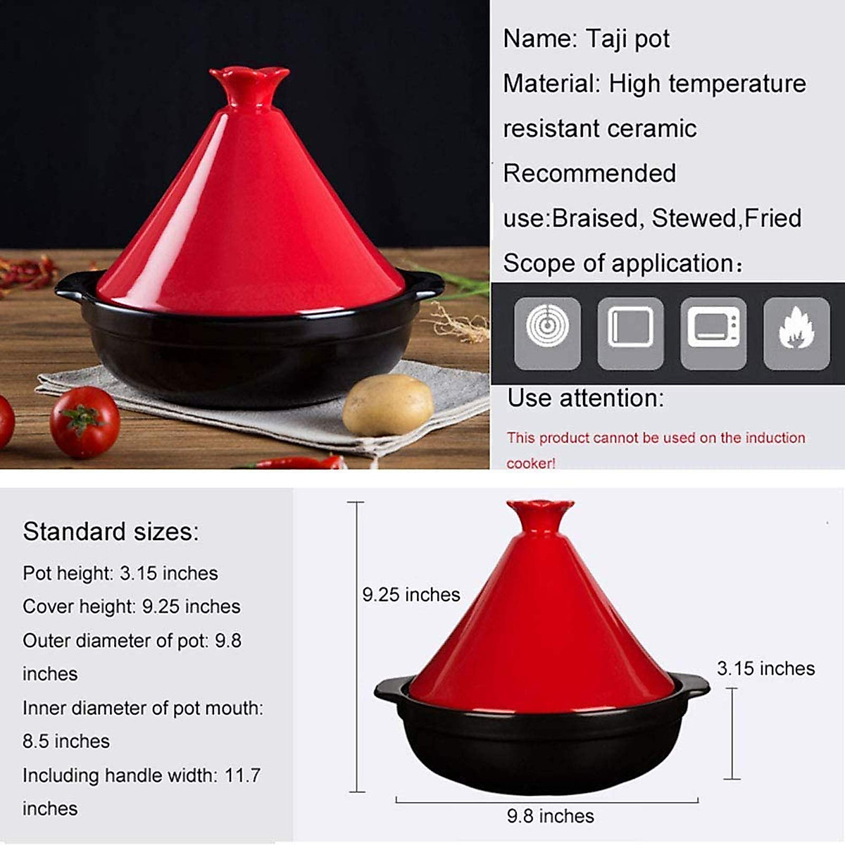 Tagine Moroccan Cast Iron Cooker Pot, Enameled Heat-Resistant Non-stick Casserole, with Lid - for 3-5 Persons Hand,Yellow