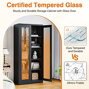 LISSIMO Tall Bookcase Storage Cabinet with Tempered Glass Door,Metal Display Cabinet with 4 Adjustable Shelves,5-Tier Curio Cabinet Liquor Cabinet for Home,Study,Living Room and Office (Black)